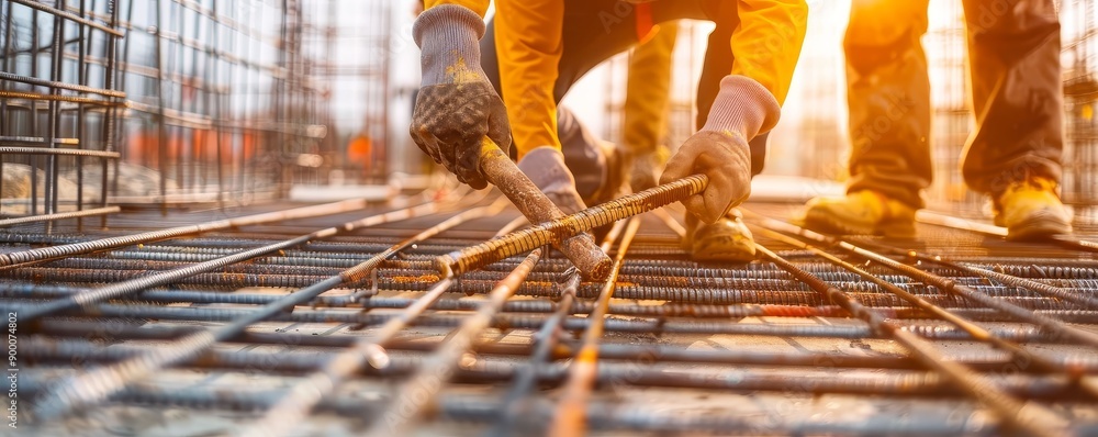 Workers installing rebar, reinforcing concrete, structural integrity ...