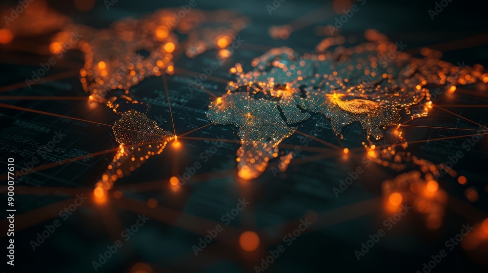 Ilustrace „Digital map of the world with glowing connections between ...