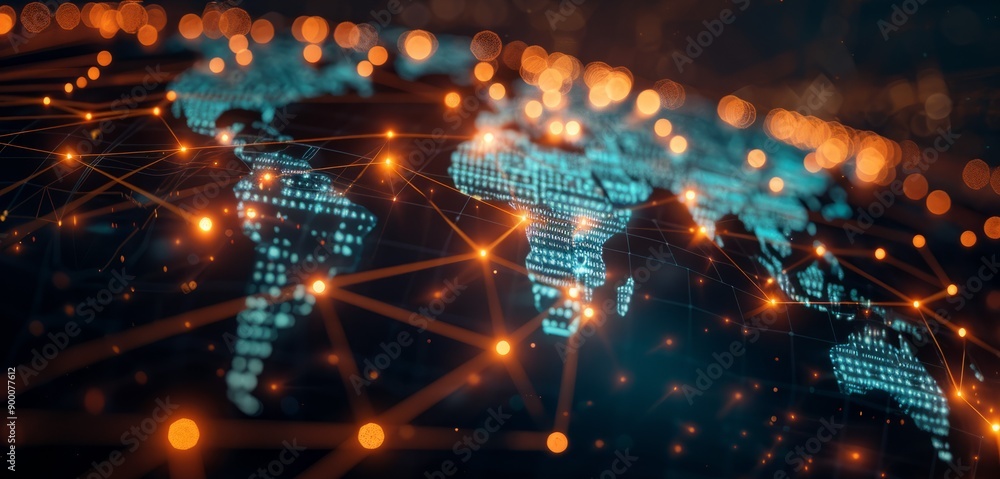 ภาพประกอบสต็อก Digital map of the world with glowing connections ...