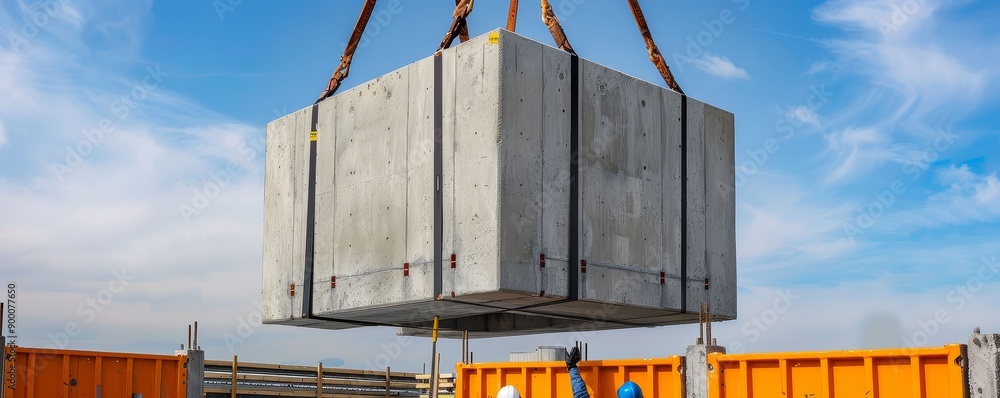 Precast concrete slabs being lifted, modular construction, efficient ...