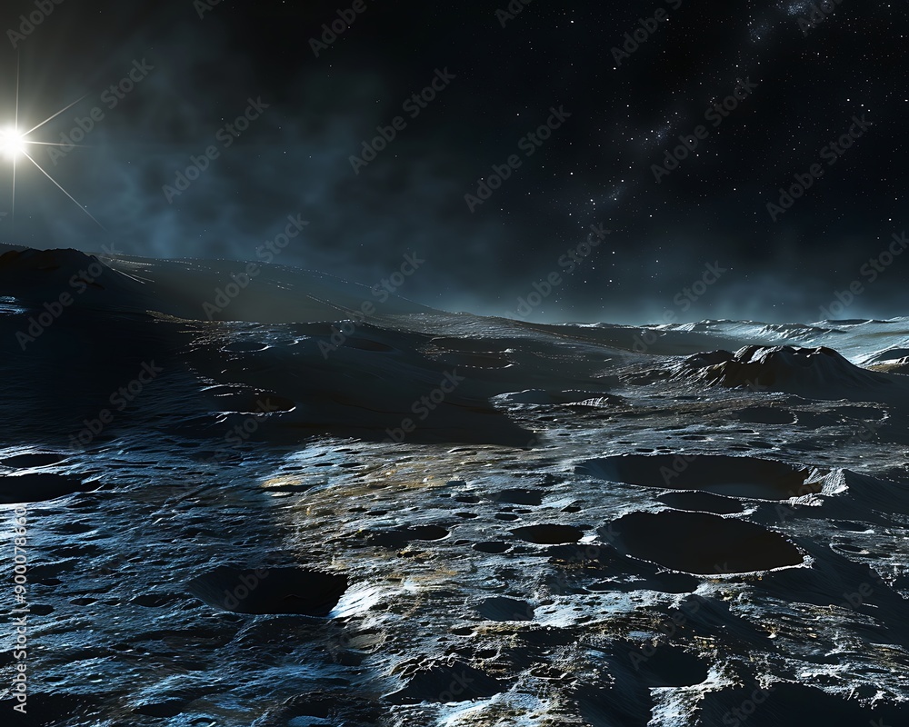 Shadows play on the surface of a distant exoplanet, lit by the faint ...