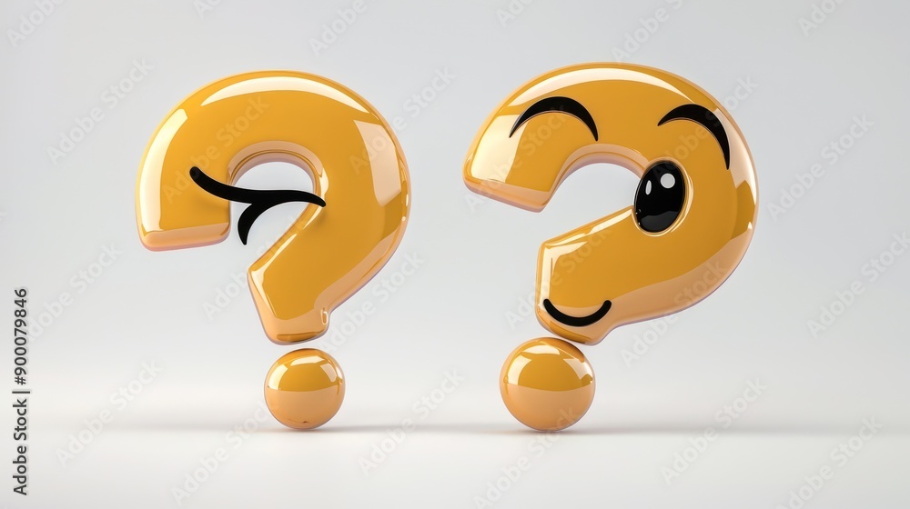 A pair of luxury 3D question mark emojis, one winking playfully and the ...