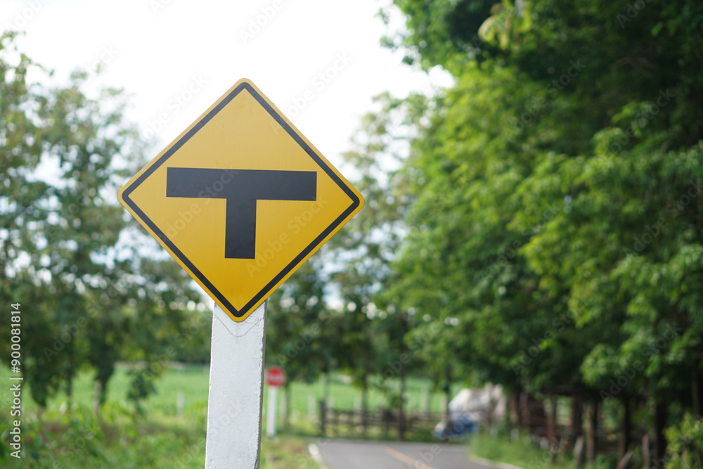 T junction, intersection sign yellow sign. Concept, Transportation ...