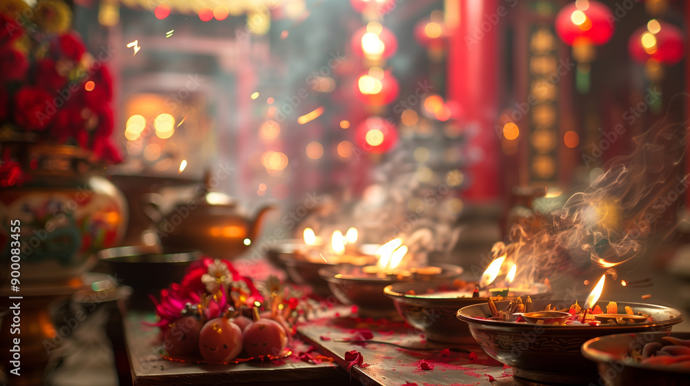 altar table full of offerings and burning incense at the Hungry Ghost ...