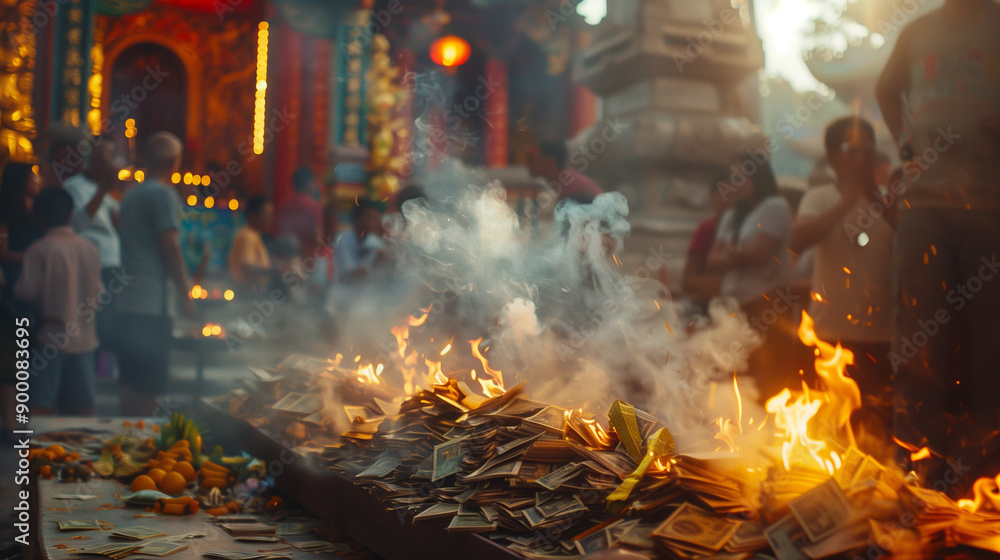 people burning banknotes at the offering place at the Hungry Ghost ...