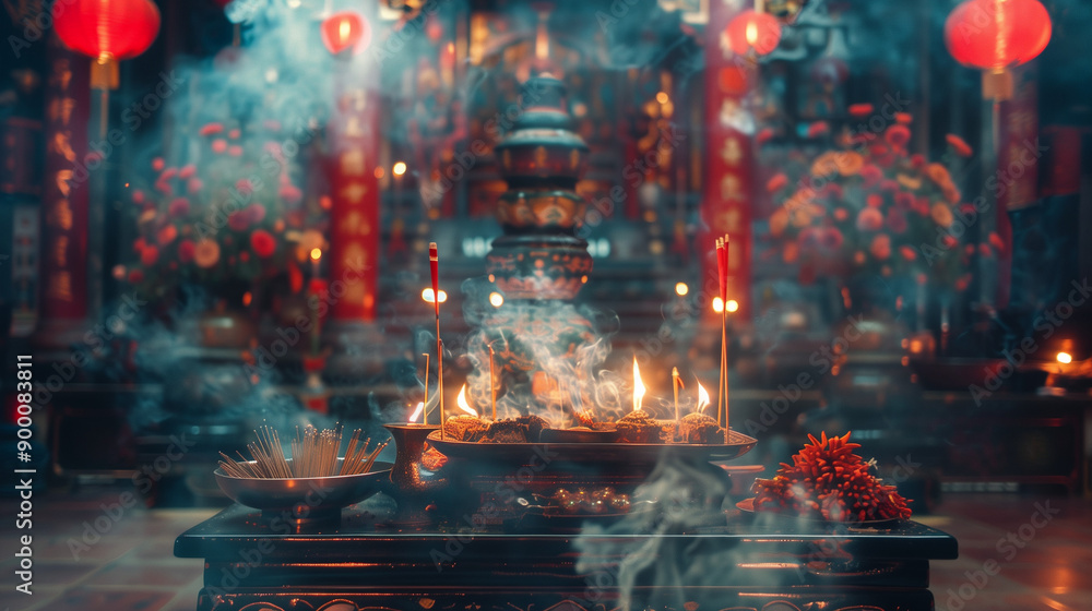 altar table full of offerings and burning incense at the Hungry Ghost ...