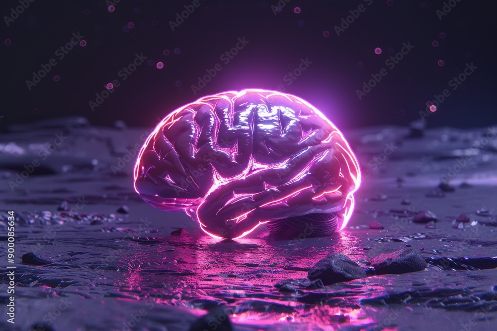 Pink neon brain on a reflective surface highlighting the concept of ... Pink neon brain on a reflective surface highlighting the concept of ...