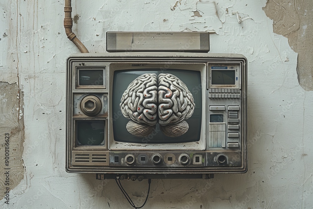 Vintage brain model encased in a retro machine highlighting the ...