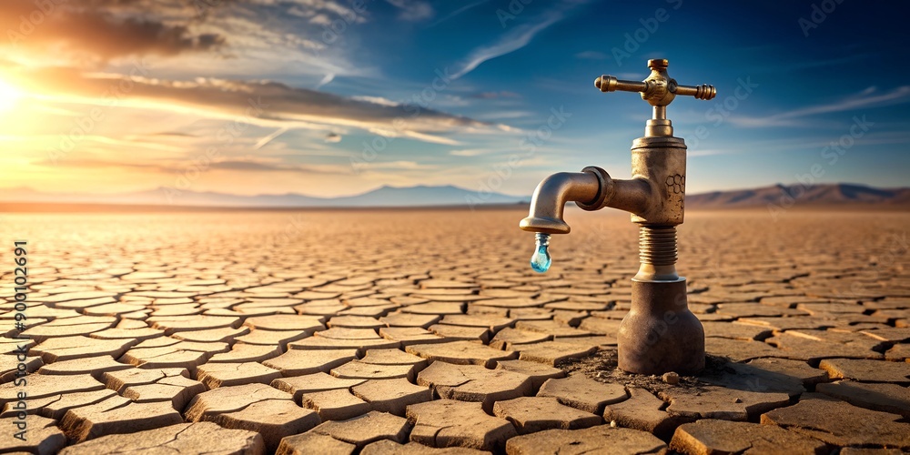 Amidst a dry and cracked desert a water tap serves as a stark reminder ...