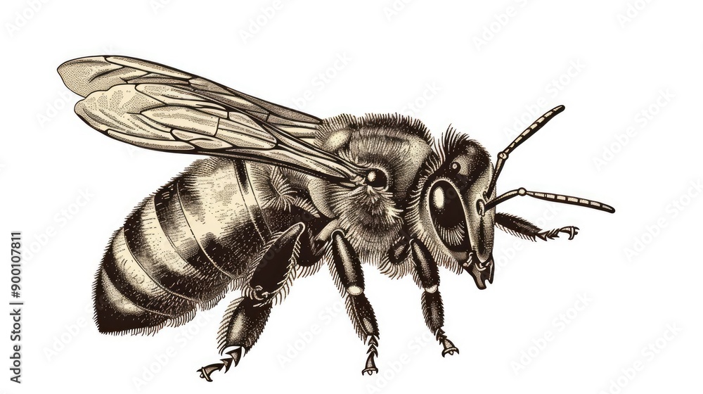 Detailed Black and White Illustration of a Honey Bee with Wings Spread ...