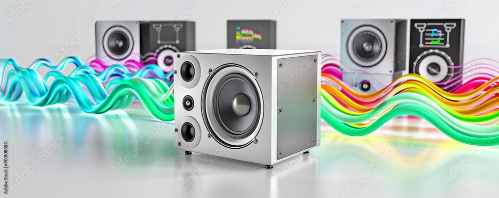 3D speakers emitting sound waves on a techno background, music ...
