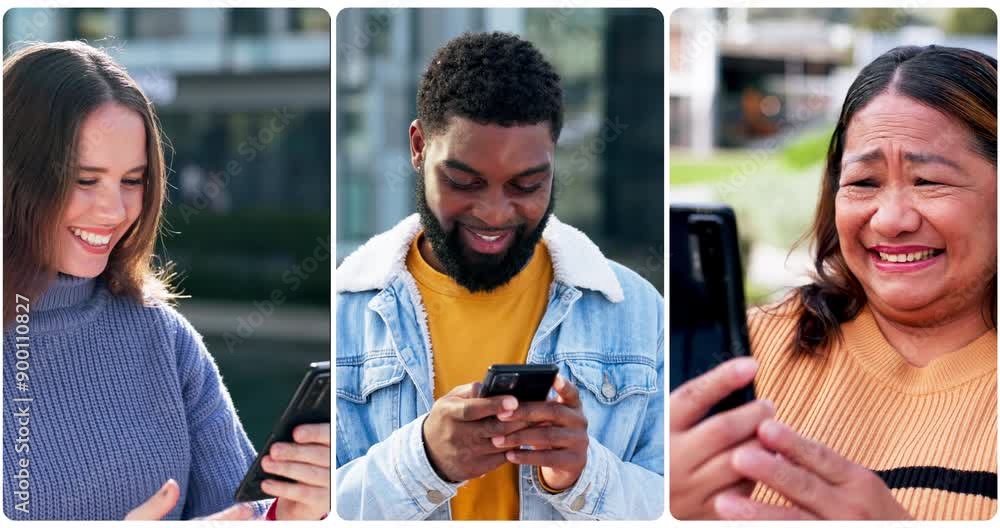Collage, people and smartphone, funny and technology with communication ...