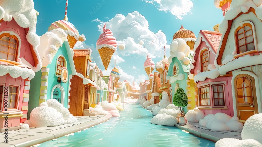 An animated 3D cartoon depicts an avenue with people licking ice cream ...