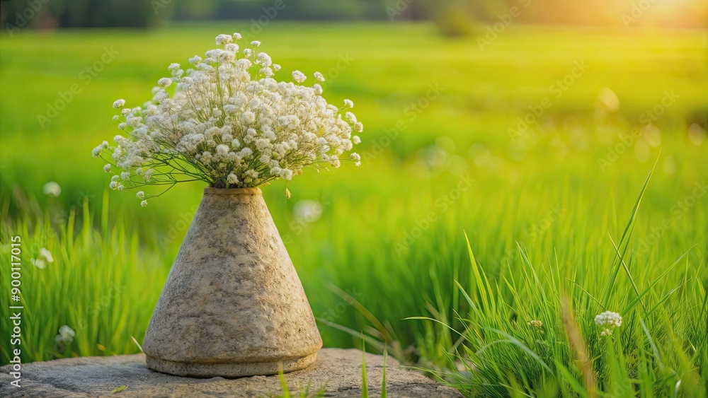 Stone cone flowers and Gypsophila paniculata blooming on a green rice ...