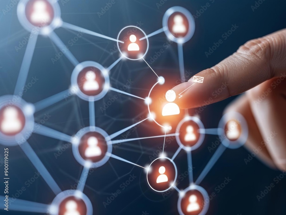 A finger touches a glowing profile icon in a network of interconnected ...