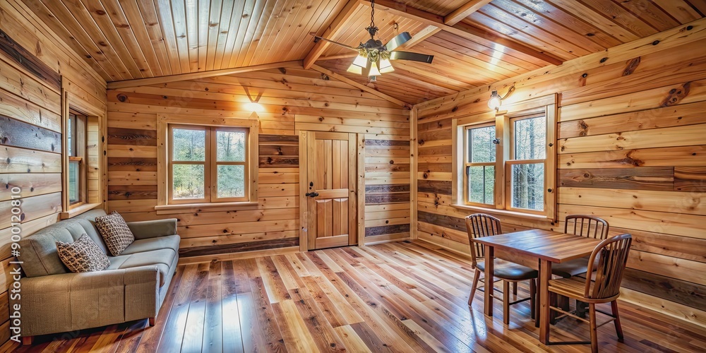 Rustic cabin interior with straight grain pine wood panelling , cabin ...