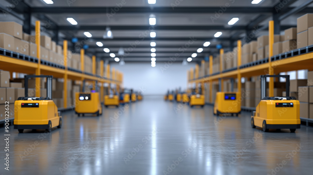 Yellow automated guided vehicles (AGVs) navigate through a modern ...