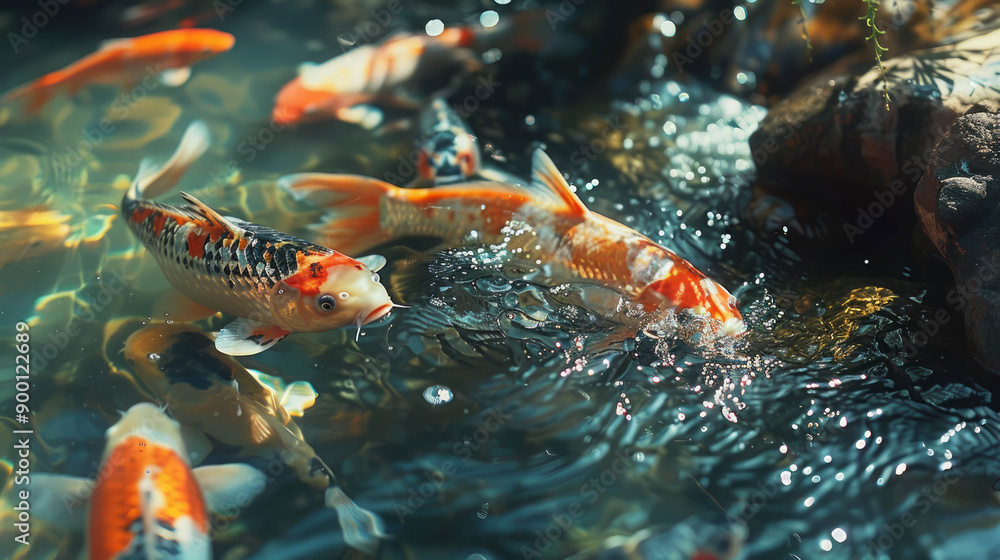 Koi fish swim in flowing farm water, illustrating a harmonious ...