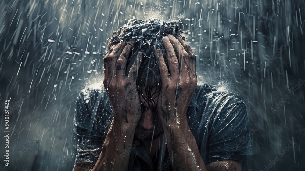 Man in distress, face covered by hands, under rain-like conditions ...
