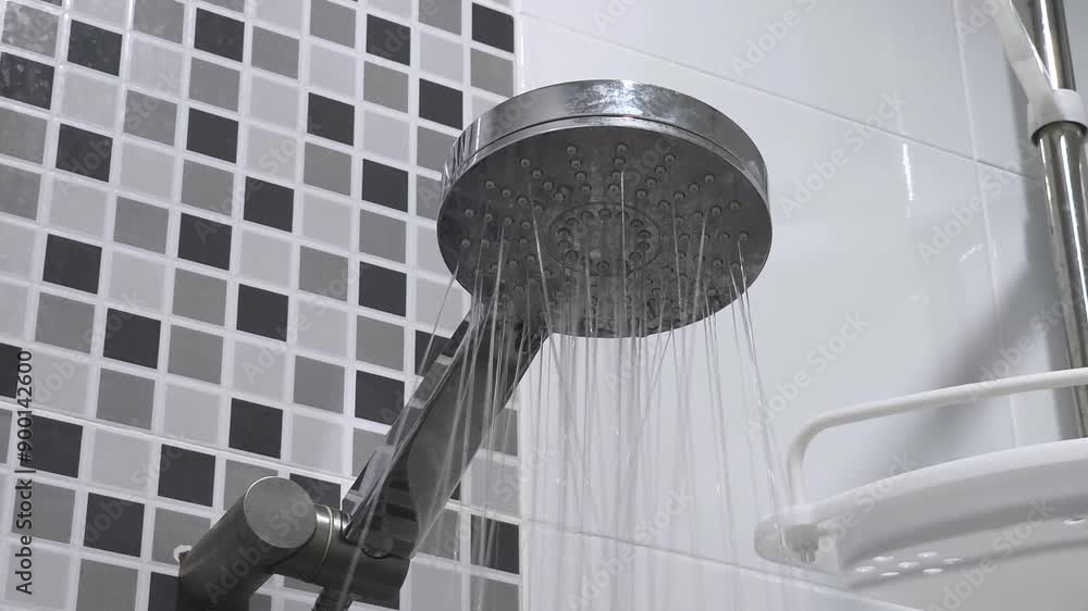 Shower head, flowing water in bathroom. Bottom view of holes in shower ...