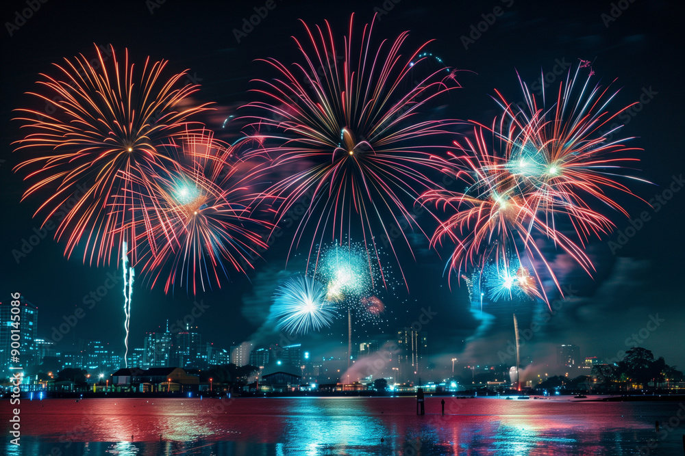fireworks display is lit up in the night sky over a city. The fireworks ...