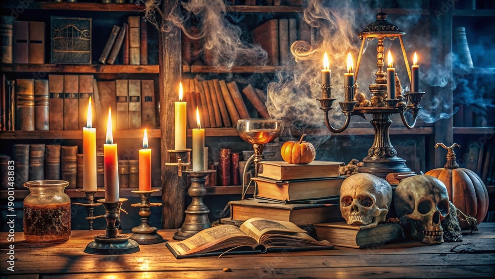 Spooky candles illuminate a vintage wooden desk cluttered with old ...
