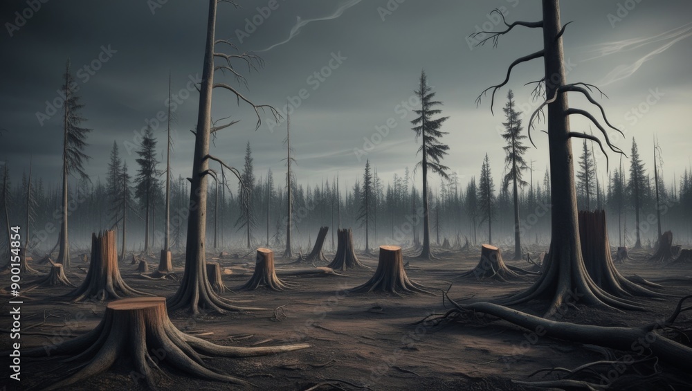 A hyper-detailed, photorealistic depiction of a desolate, deforested ...