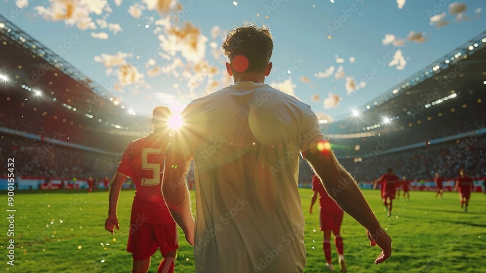 Clear weather and a lively crowd as three soccer players make their ...