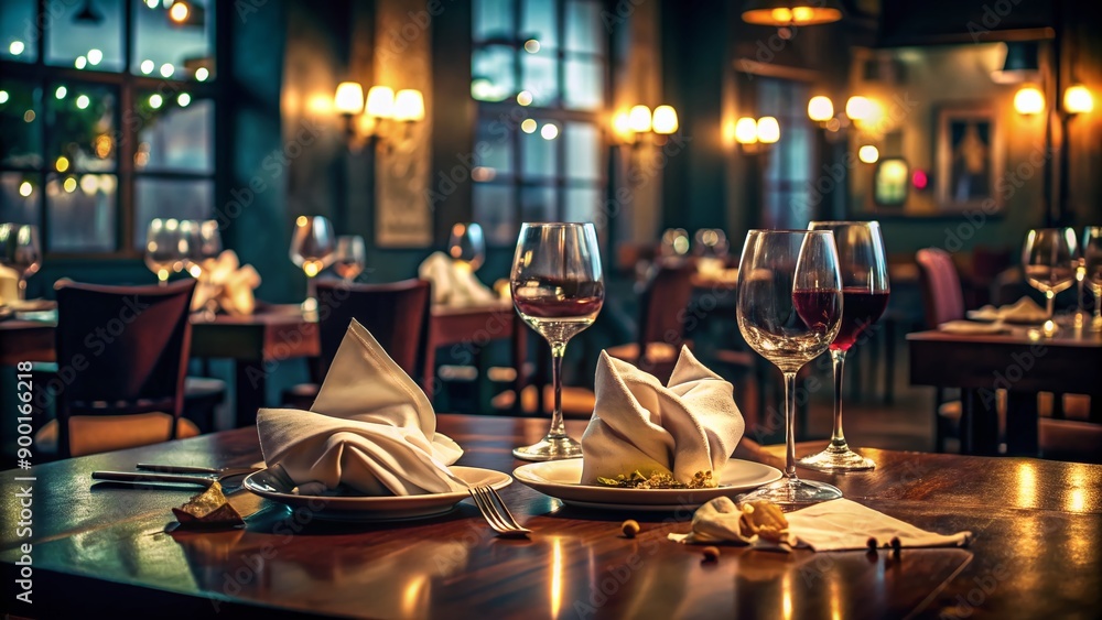 Unsettling atmosphere pervades a cluttered, dimly lit restaurant table ...