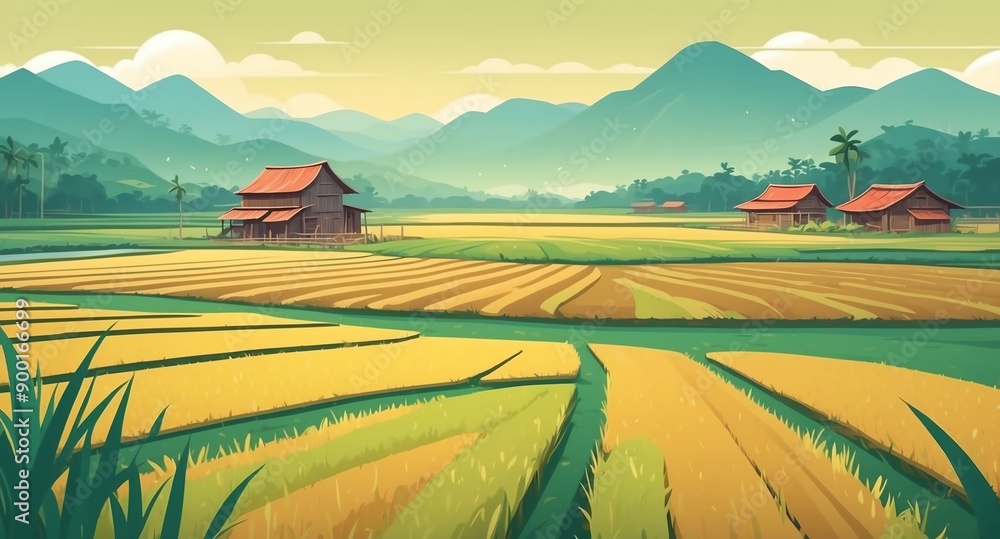 rice field farm lands landscape flat cartoon style illustration design ...