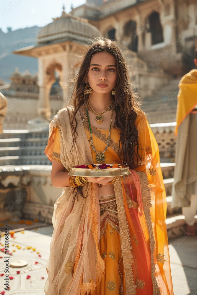 beautiful indian lady at Ram Temple, she is having pooja thali in her ...