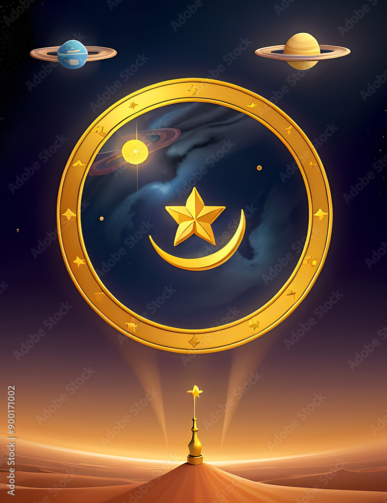 A refined digital illustration of the Islamic star and crescent ...
