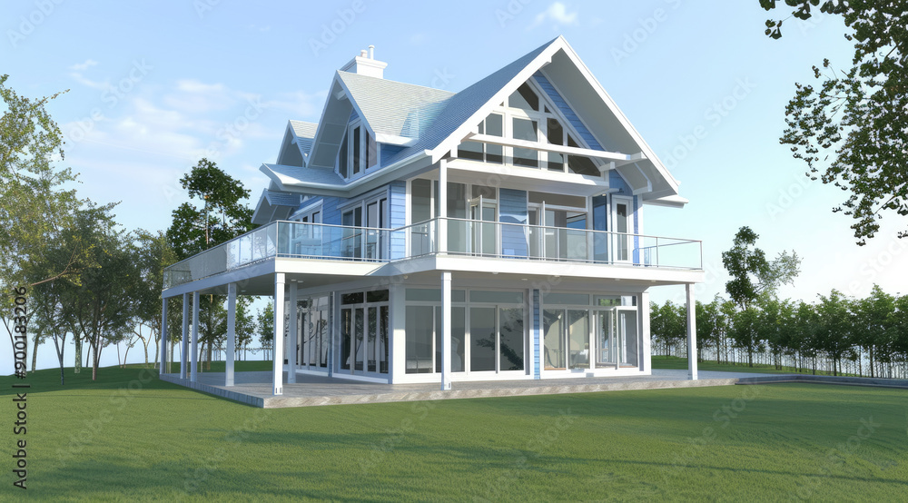 3D rendering of a two-story modern house with a gable roof, white walls ...