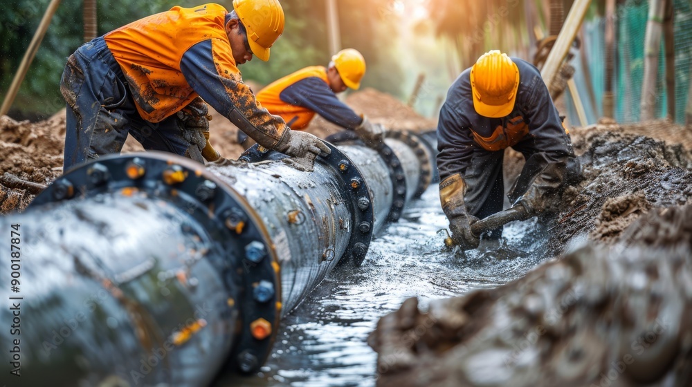 Workers install a large pipe in a trench, showcasing teamwork and ...