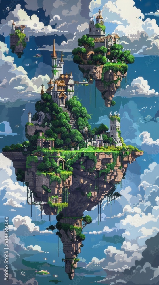 Pixel art floating islands, skyhigh landscape, fantasy setting Stock ...