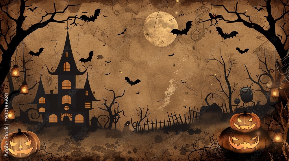 Spooky Halloween Invitation: Vintage Paper Background with Haunted ...