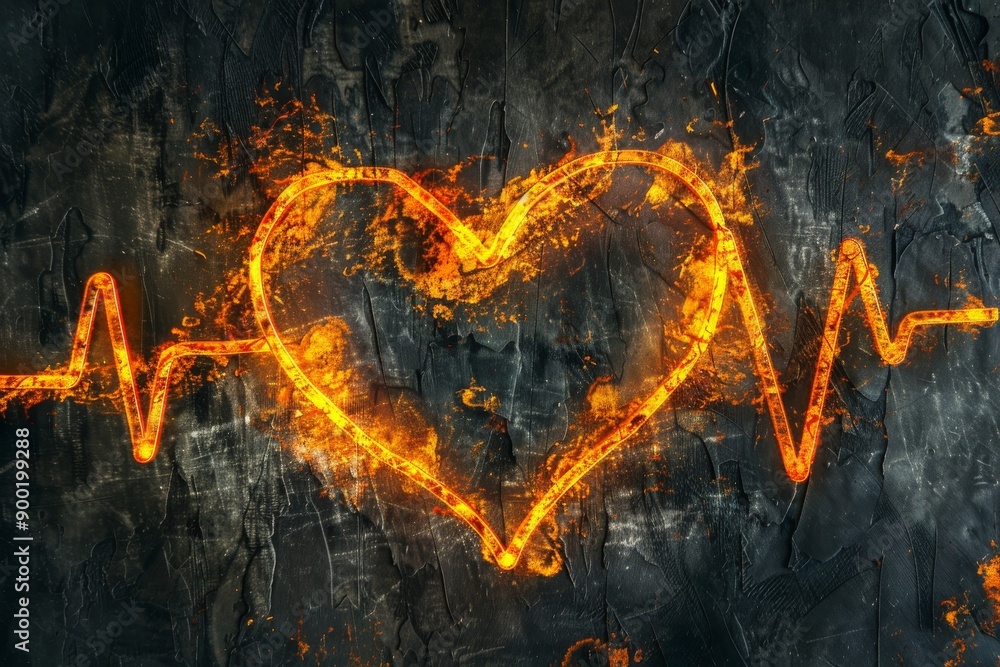 Fiery heart and pulse line on a dark textured background representing ...