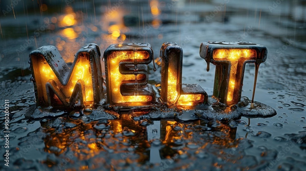 Generate a liquid 3D text effect for the word MELT appearing to drip ...