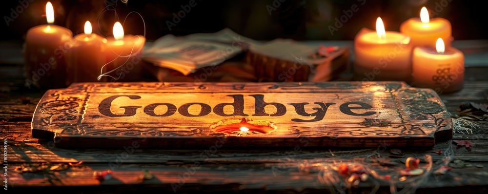 Ouija board with planchette pointing to "Goodbye" in candlelight Stock ...