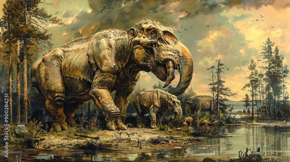 Generate an old engraving style natural history illustration of extinct ...