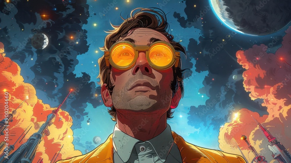 Produce a groovy cartoon-style movie poster for a retro sci-fi comedy ...
