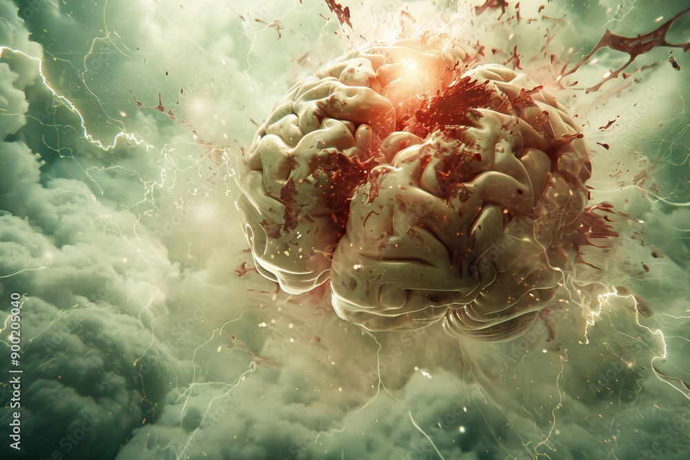 Exploding brain in a cloudy sky representing the explosion of ideas and ...