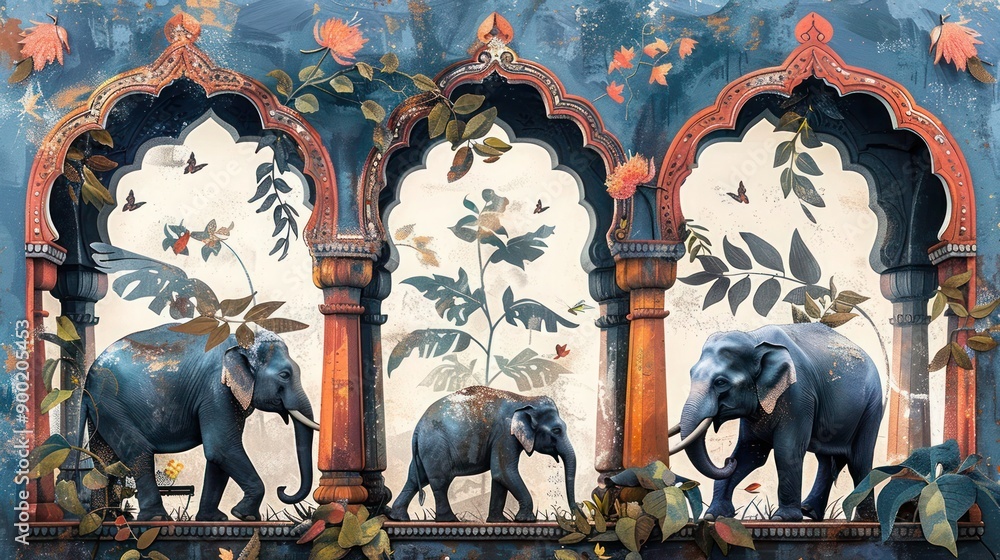 Traditional Mughal elephants in a garden with decorative arch frame ...