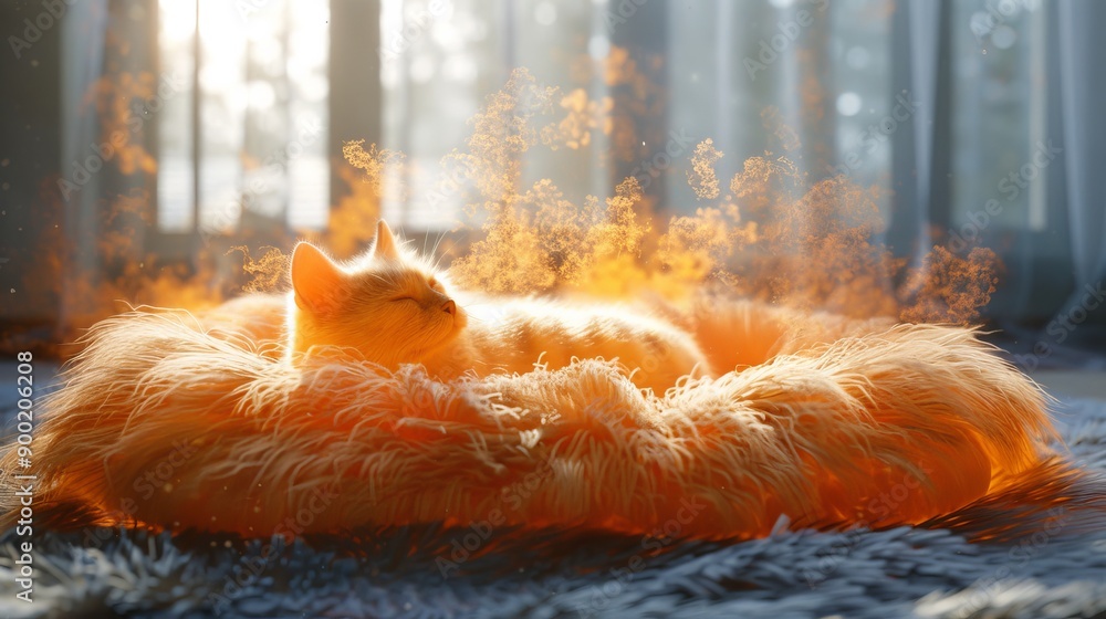 Cat resting on fluffy bed with warm orange glow effect illustrating ...