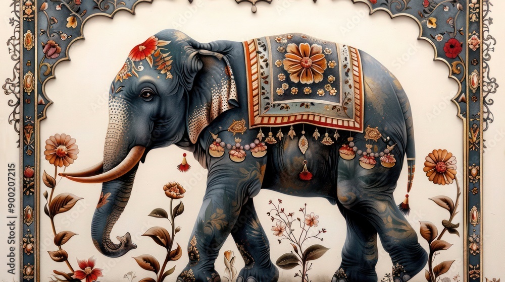Traditional Mughal elephants in a garden with decorative arch frame ...