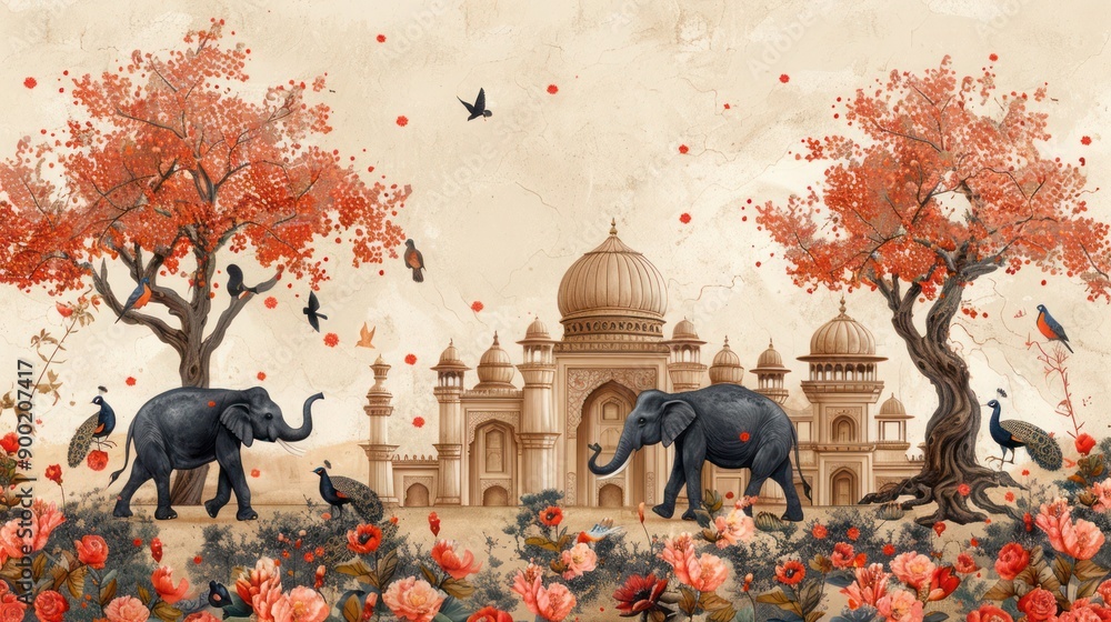 Traditional Mughal elephants in a garden with decorative arch frame ...
