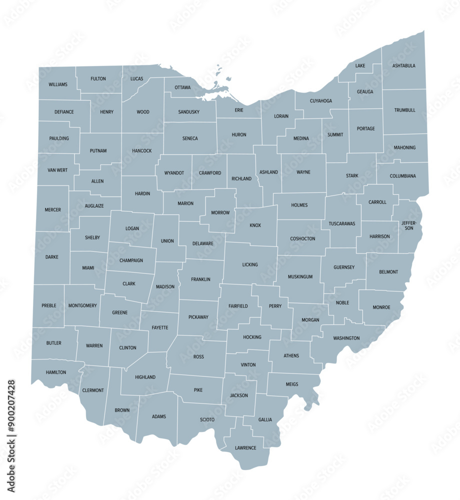 Ohio counties, gray political map with borders and county names. State ...