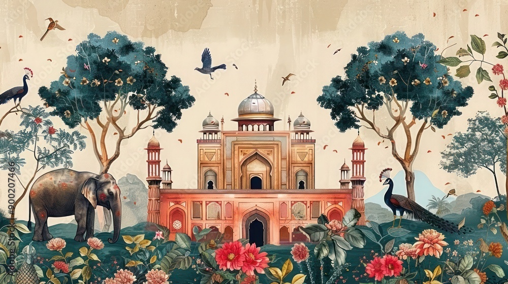 Traditional Mughal elephants in a garden with decorative arch frame ...