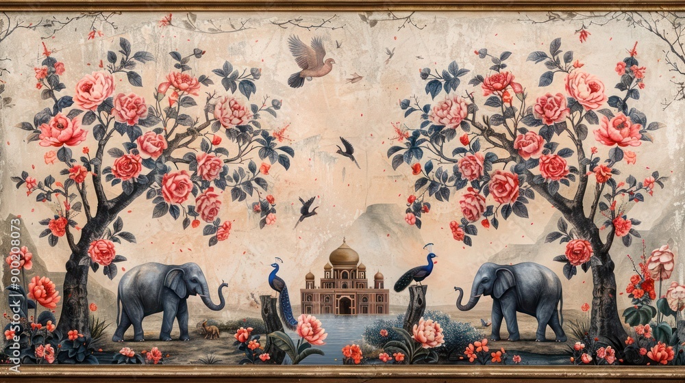 Traditional Mughal elephants in a garden with decorative arch frame ...