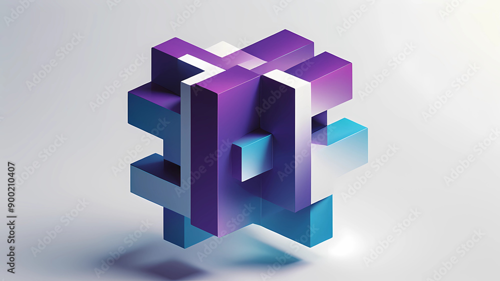 isometric shape, retangular 3D cross shape, a blue purple geometric ...